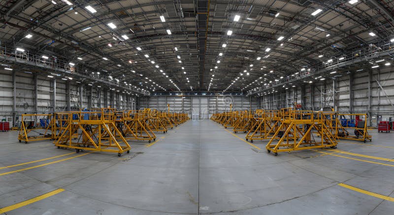 Spacious Empty Aircraft Maintenance Hangar with Rows of Stands and ...