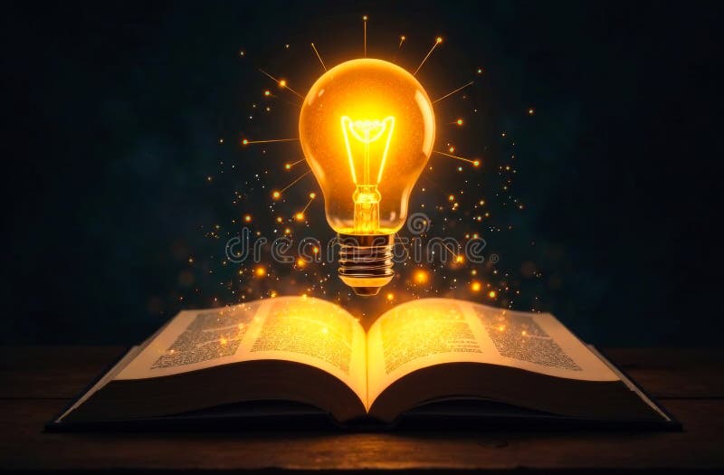 Wide Angle View of a Luminous Lightbulb Above a Book, Casting Light on ...