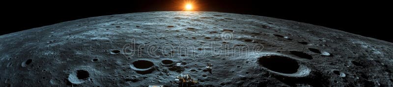 Wide-angle View of a Lunar Surface with a Spaceship on the Moon S ...