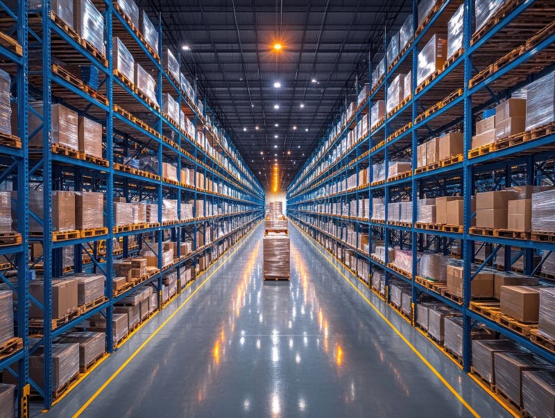 Wide-angle View of a Modern Industrial Warehouse Filled with Organized ...