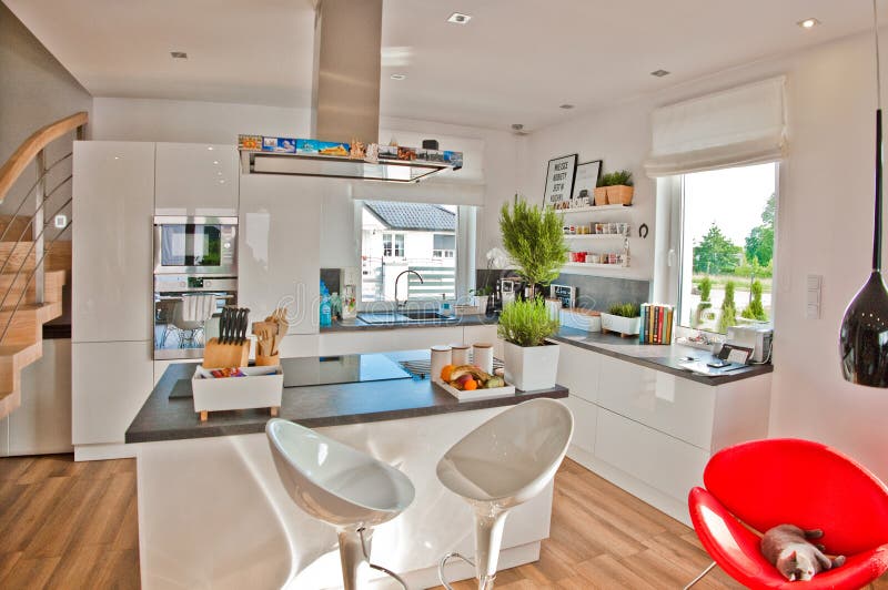 Wide Angle View of Modern Kitchen in Daylight Stock Photo - Image of ...