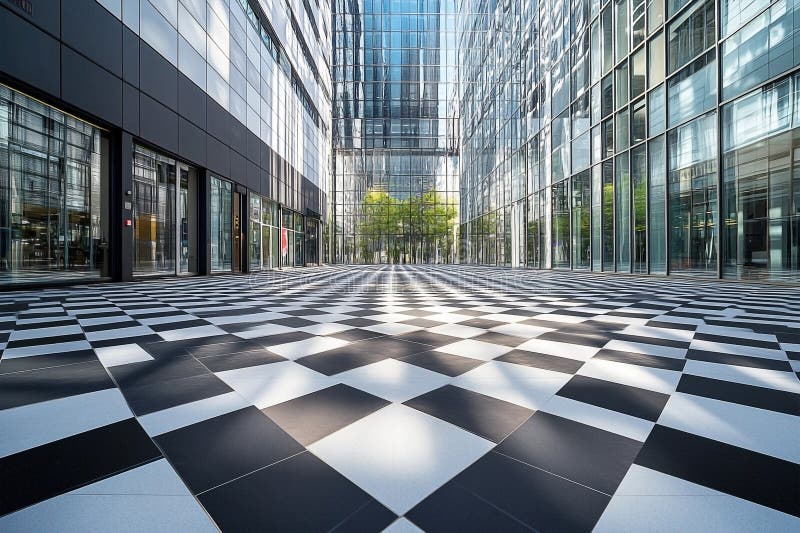 A Wide Angle View of a Modern Office Building with an Empty Checkered ...