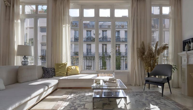 Wide Angle View of Modern Parisian Style Living Area Stock Illustration ...