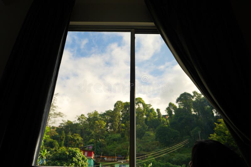 View from Luxury Bed through Open Window at Sikkim Hotel Stock Photo ...