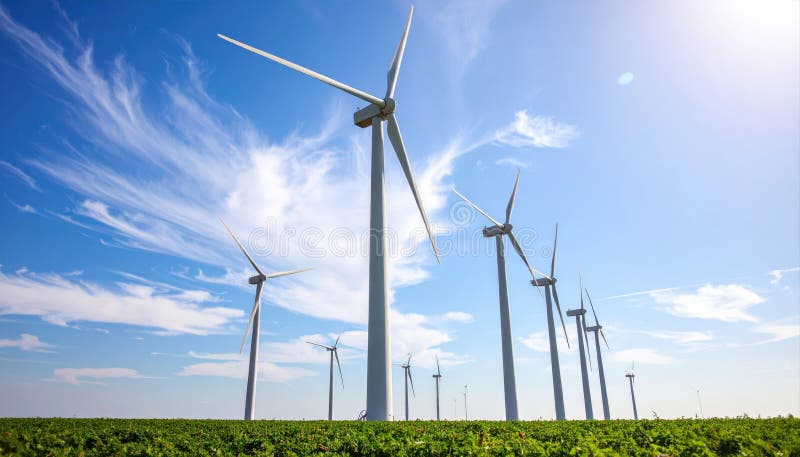 Wide Angle View of Multiple Large Modern Wind Turbines on Green Field ...