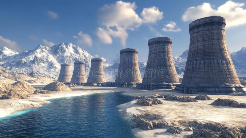 Wide-angle View of Nuclear Power Plant with Cooling Towers and ...