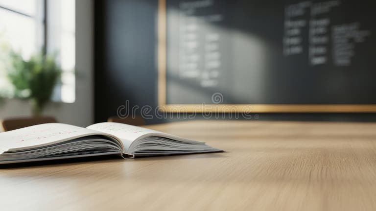 Wide Angle View of an Open Textbook on a Modern Classroom Desk with ...