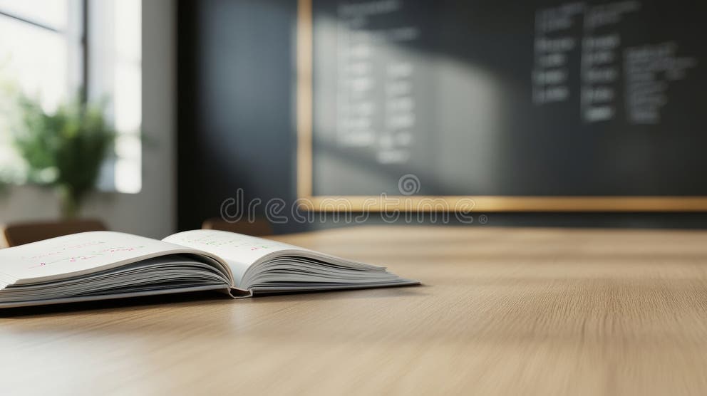 Wide Angle View of an Open Textbook on a Modern Classroom Desk with ...