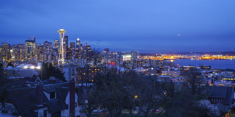 Wide Angle View Over Seattle at Night - SEATTLE / WASHINGTON - APRIL 11 ...