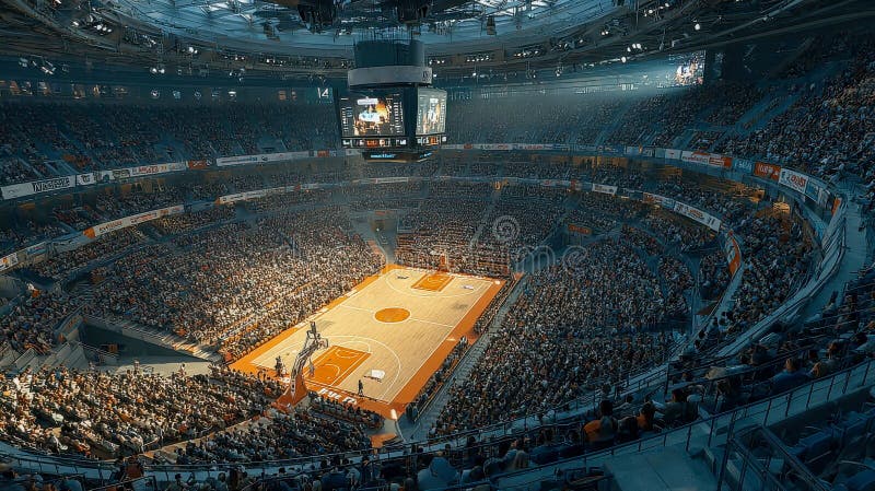 A Wide-angle View of a Packed Indoor Basketball Arena with Dramatic ...