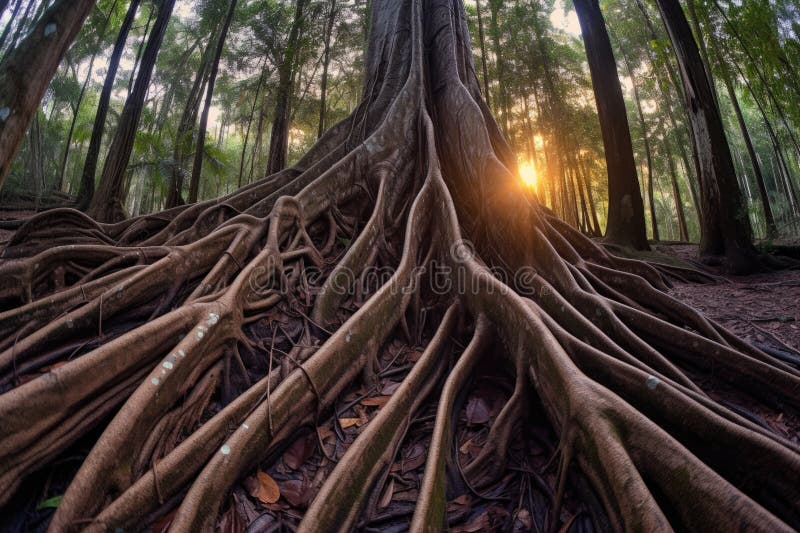 Wide-angle View of Rainforest Tree Roots at Dawn Stock Illustration ...