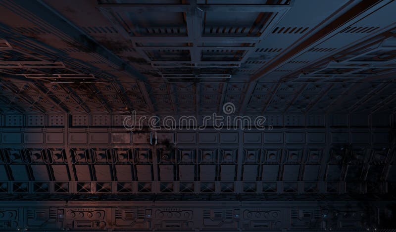 Wide Angle View Sci-fi Interior Control Room in Dark Scene Stock ...