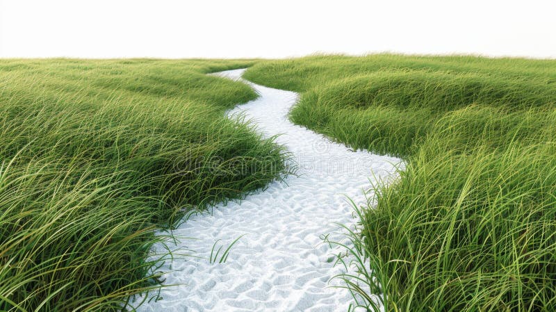 Wide-angle View of Serene White Sand Pathway Cutting through Lush Grass ...