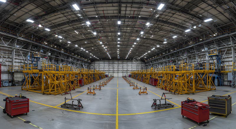 Vast Empty Aircraft Maintenance Hangar with Rows of Stands and Tools ...