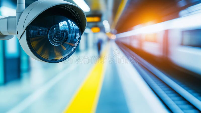 Wide-angle View of a Surveillance Camera Overseeing a Bustling Train ...