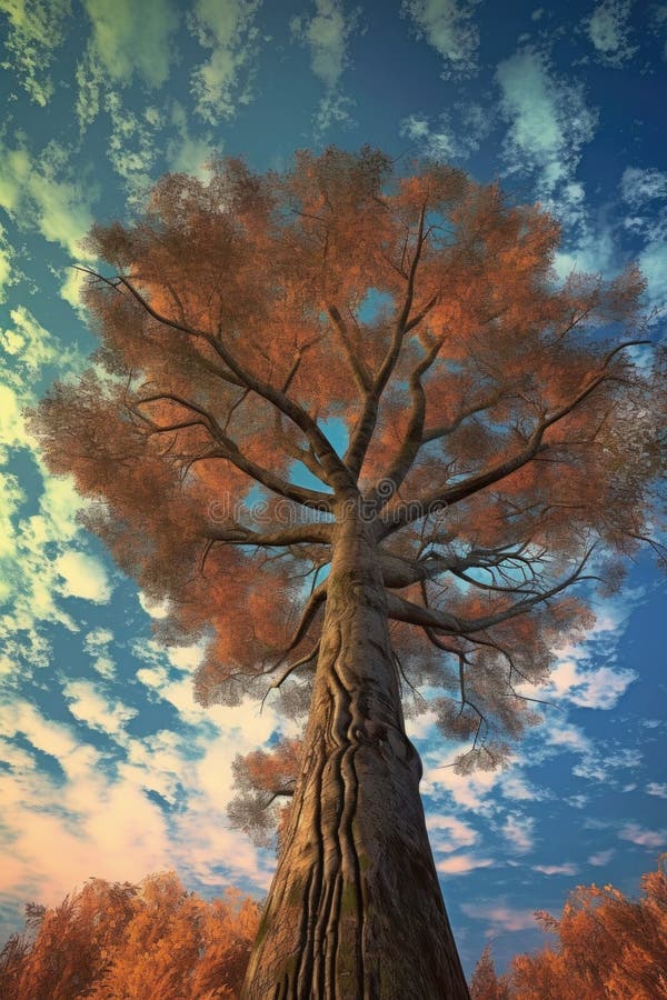 Wide Angle View of a Towering Tree with a Vibrant Sky Stock ...