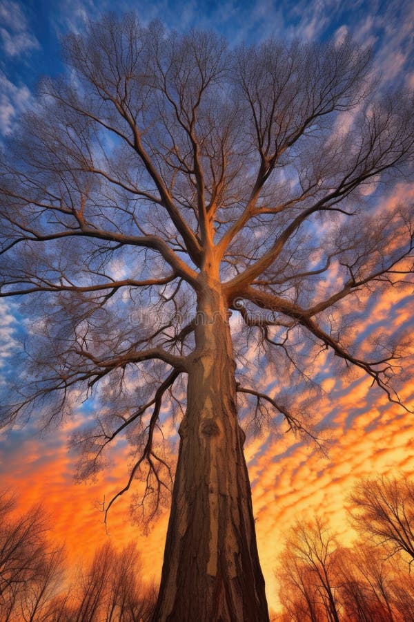 Wide Angle View of a Towering Tree with a Vibrant Sky Stock ...