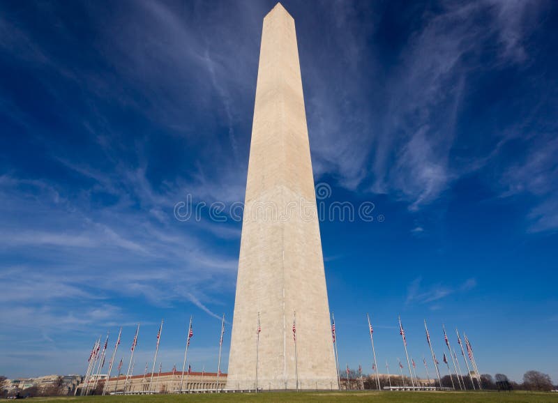 Wide Angle View of Washington Monument Stock Photo - Image of flags ...