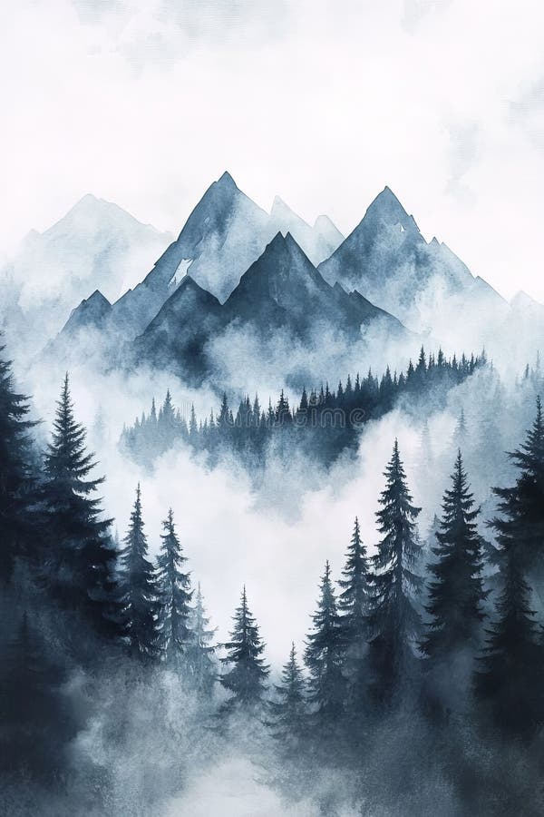 A Wide-angle View in Watercolor of a Pine Mountain Forest Landscape ...