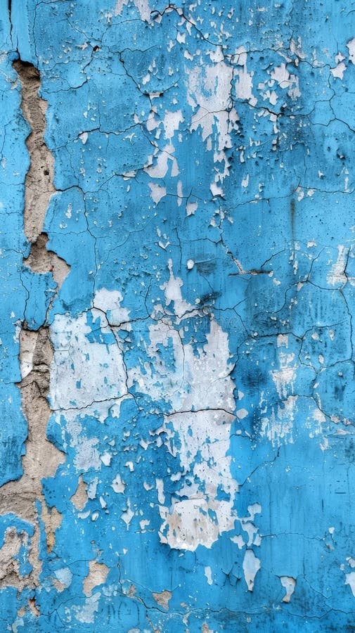 Wide-angle View of a Worn Blue Paint Surface with Flaking Layers and a ...