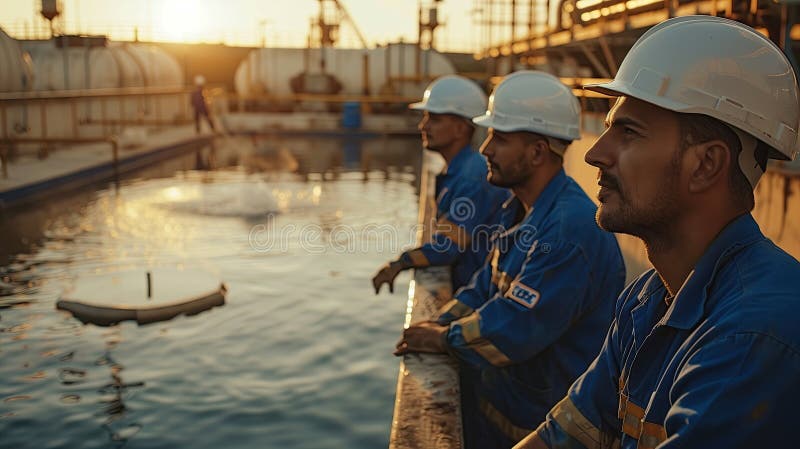 Wide Angle Workers in Blue Uniforms, White Helmets, Standing Near Large ...