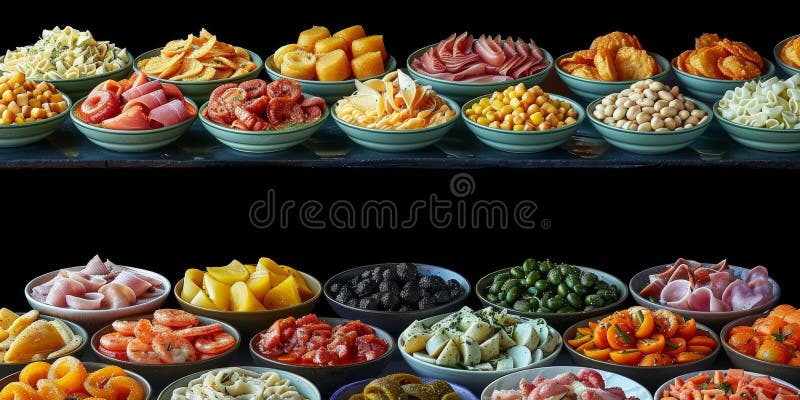Wide Array of Assorted Snacks and Appetizers Arranged in Colorful Bowls ...