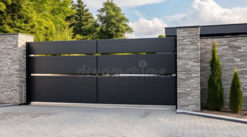 Automatic Sliding Gate with Horizontal Slats Stock Image - Image of ...