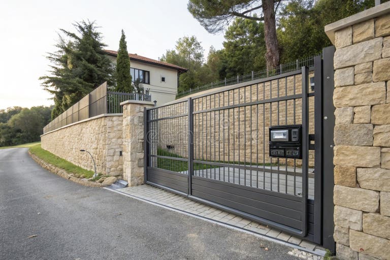 Wide Automatic Sliding Gate with Remote Control in Stone Fence Stock ...
