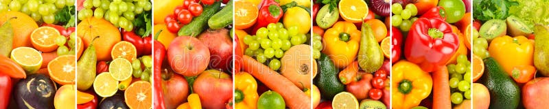 Wide Background of Fresh Vegetables, Fruits Separated by Vertical Lines ...