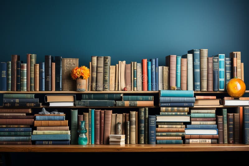 Wide Banner with Bookshelf, Stack of Hardcovered Books, and Copy Space ...
