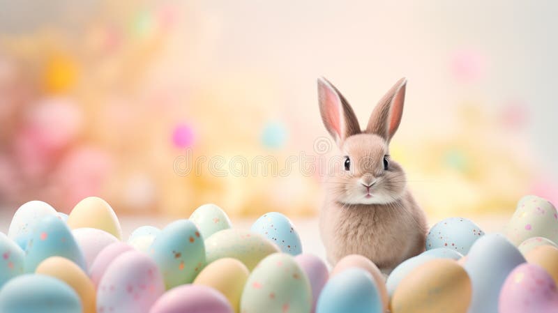 Wide Banner Bunny among Easter Eggs in Pastel Colours with Copy Space ...