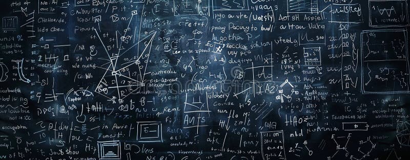 Wide Blackboard Inscribed with Scientific Formulas and Calculations in ...