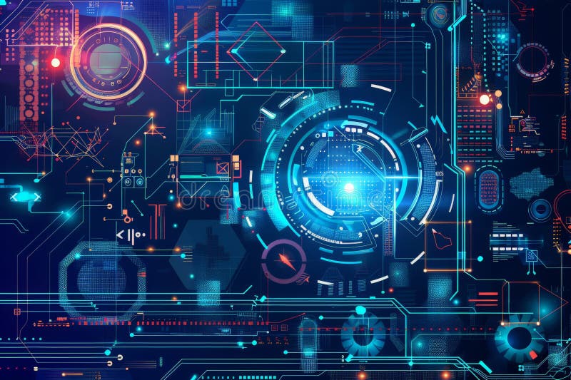 Wide Blue Background with Various Technological Elements. Hi-tech ...