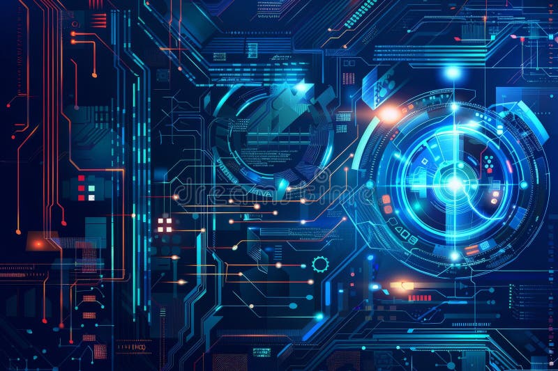 Wide Blue Background with Various Technological Elements. Hi-tech ...