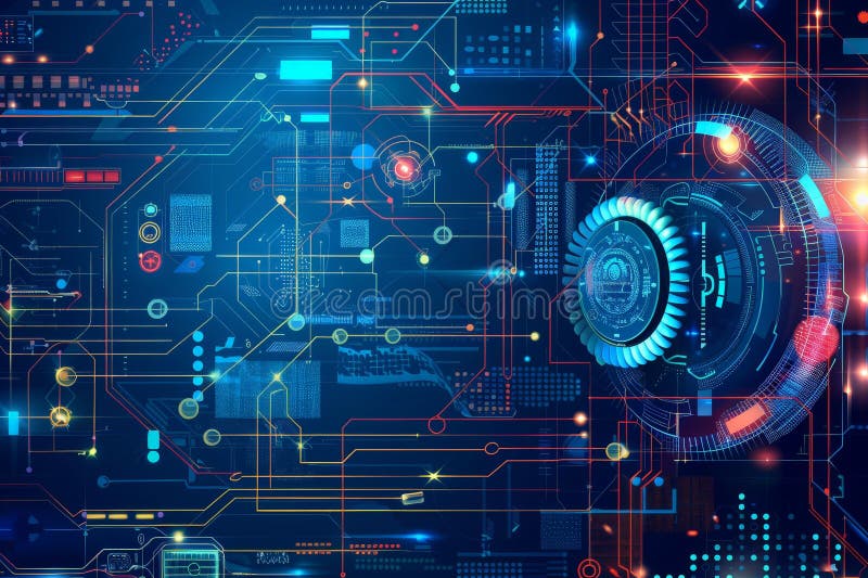 Wide Blue Background with Various Technological Elements. Hi-tech ...