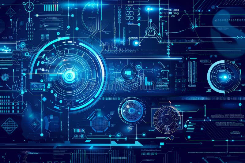 Wide Blue Background with Various Technological Elements. Hi-tech ...