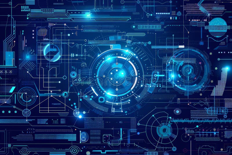 Wide Blue Background with Various Technological Elements. Hi-tech ...