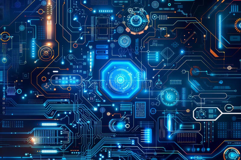 Wide Blue Background with Various Technological Elements. Hi-tech ...