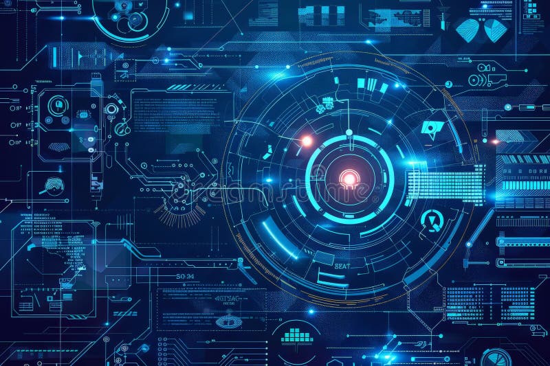 Wide Blue Background with Various Technological Elements. Hi-tech ...