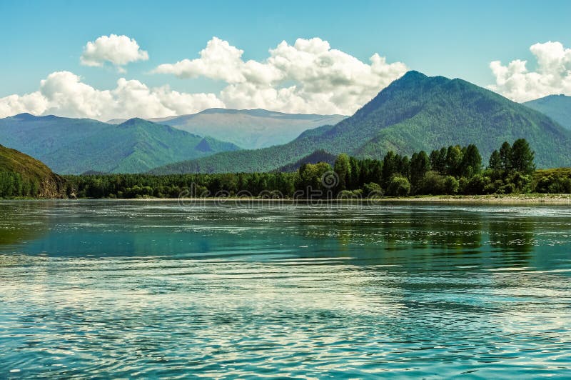 The Wide Blue River Flows in the Mountains on a Summer Day Stock Photo ...