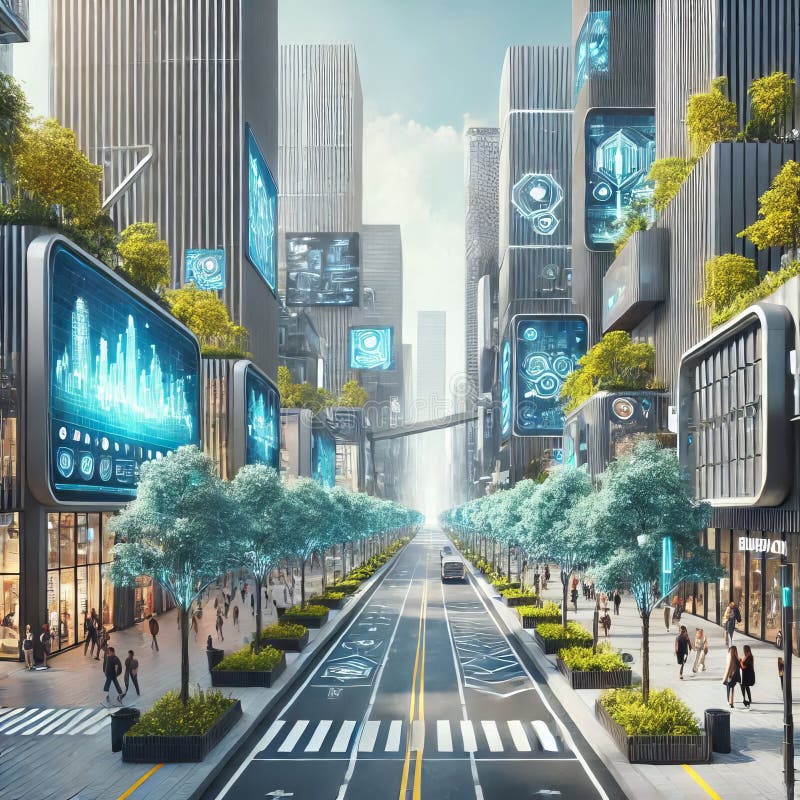 A Wide Boulevard Lined with Cyber Enhanced Trees Interactive Bi Stock ...