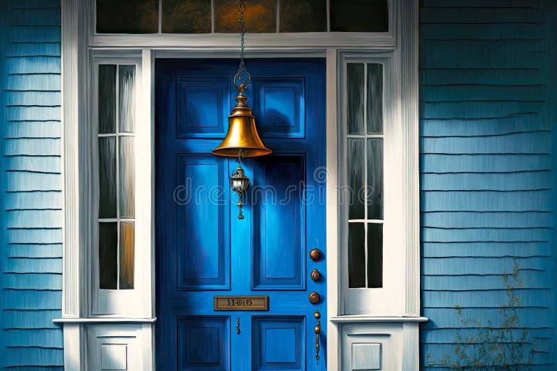 Wide Bright Blue Front Door of House with Hanging Bell Stock ...