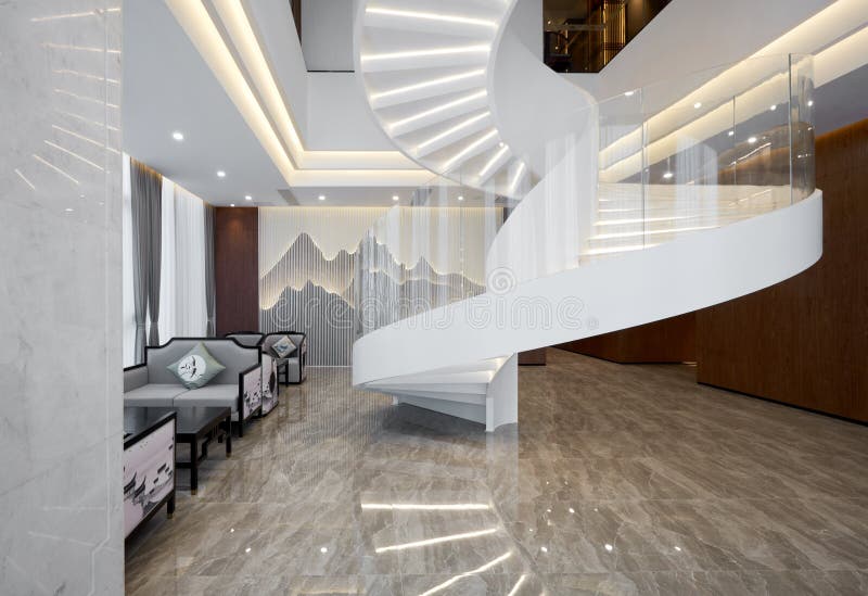 Modern Chinese Style Office, Wide and Bright Lobby and Stairs Stock ...