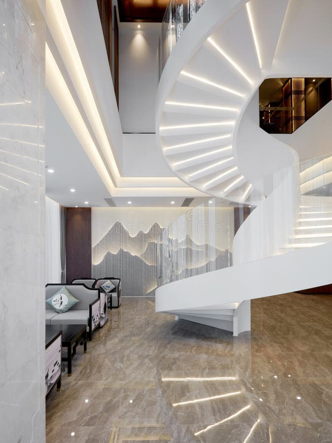 Modern Chinese Style Office, Wide and Bright Lobby and Stairs Stock ...