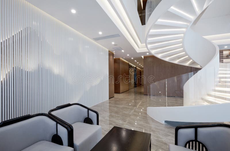 Modern Chinese Style Office, Wide and Bright Lobby and Stairs Stock ...
