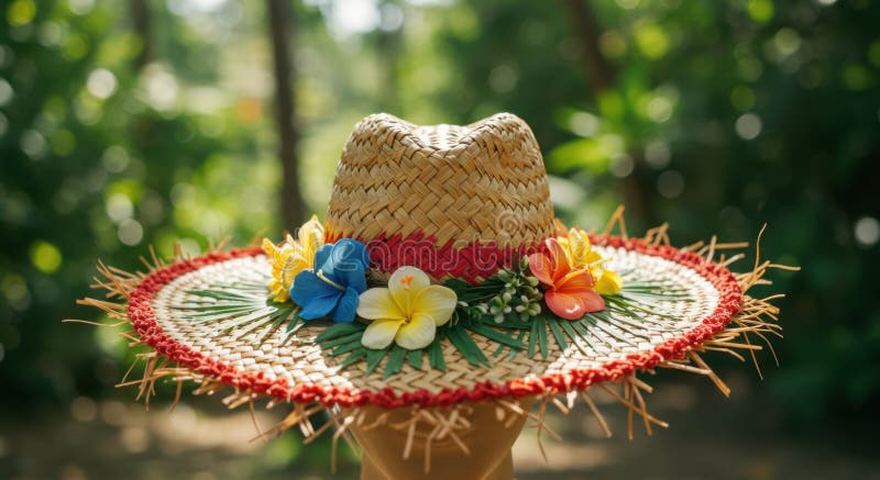 Wide Brim Straw Hat with Tropical Flowers Stock Illustration ...