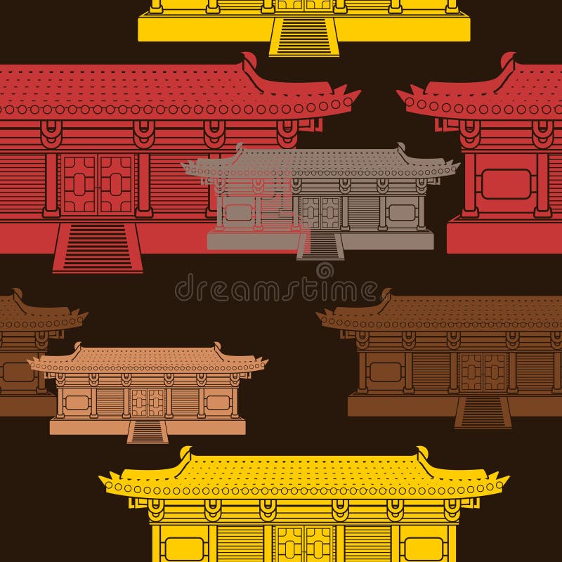 Wide Chinese Building Vector Illustration with Dark Background Seamless ...