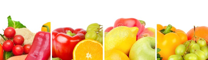 Wide Collage of Fresh Fruits and Vegetables Isolated on White ...