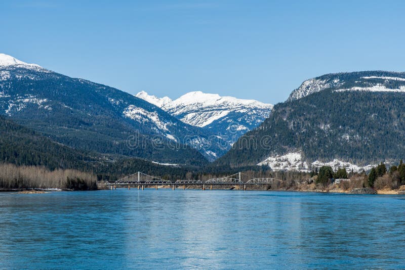 Wide Columbia River with Snow in Mountains Blue Sky Early Spring ...