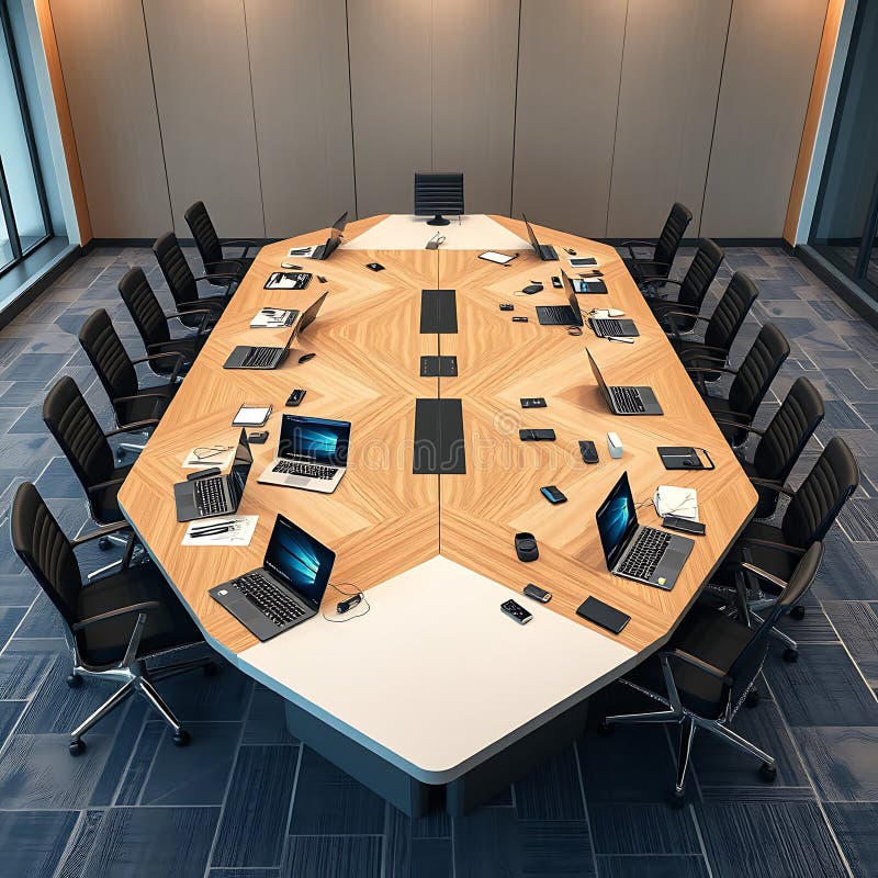 A Wide Conference Table with a Unique Geometric Design with Tech ...